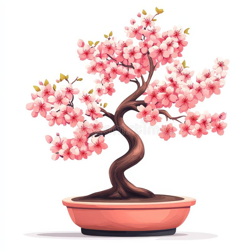 Cartoon Bonsai Tree in Pot with Sakura Blossoms, Spring Design Stock ...