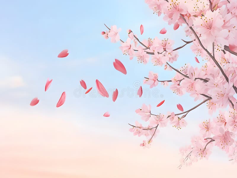Blooming Sakura Branches Over Soft Gradient Sky, Gentle Breeze and ...