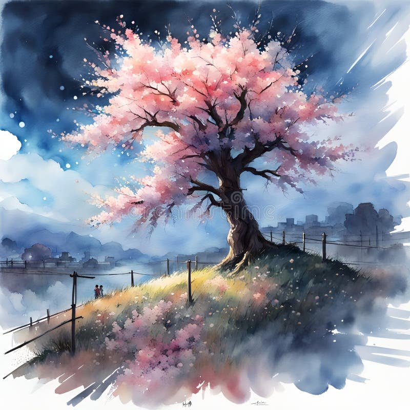 Blooming Sakura Cherry Tree in the Moonlight Stock Illustration ...