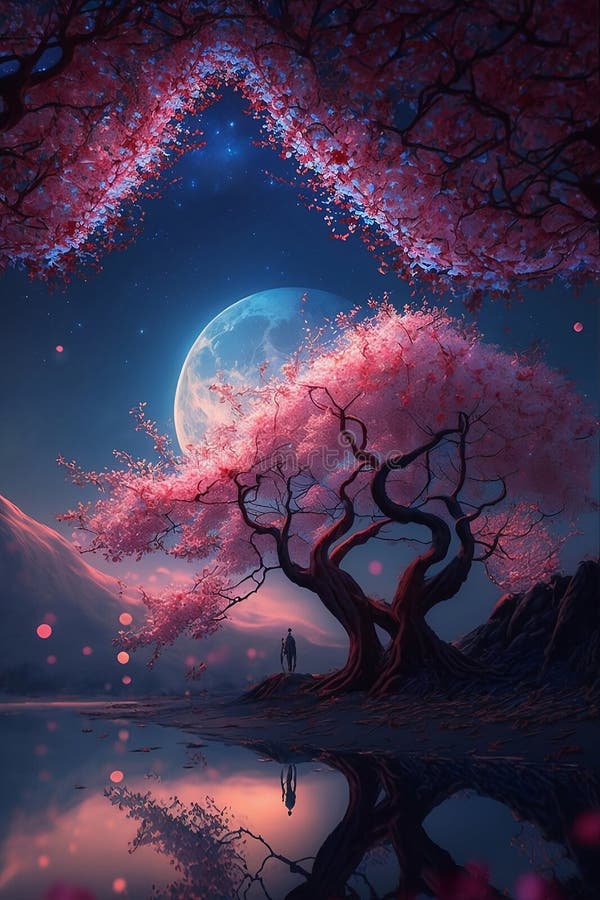 Blooming Sakura Tree at Night with Full Moon Stock Illustration ...