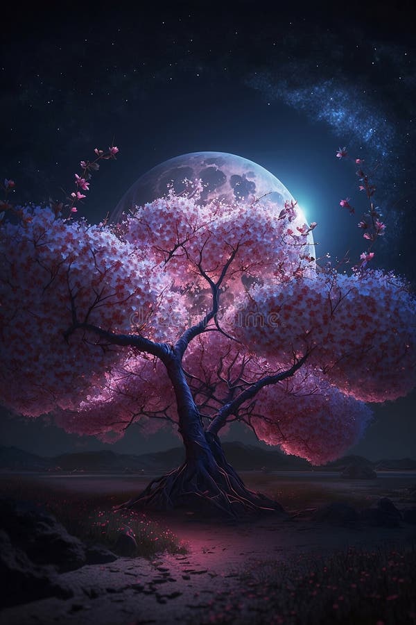 Blooming Sakura Tree at Night with Full Moon Stock Illustration ...