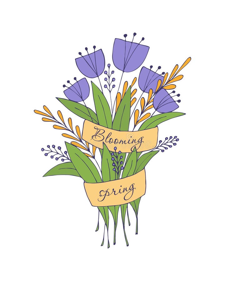 Blooming Spring Bouquet, Hand Drawn Doodles with Lettering Stock ...