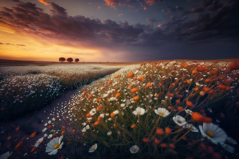 Wildflowers in Sunset Light. Blooming Spring Meadow. Generative Ai ...
