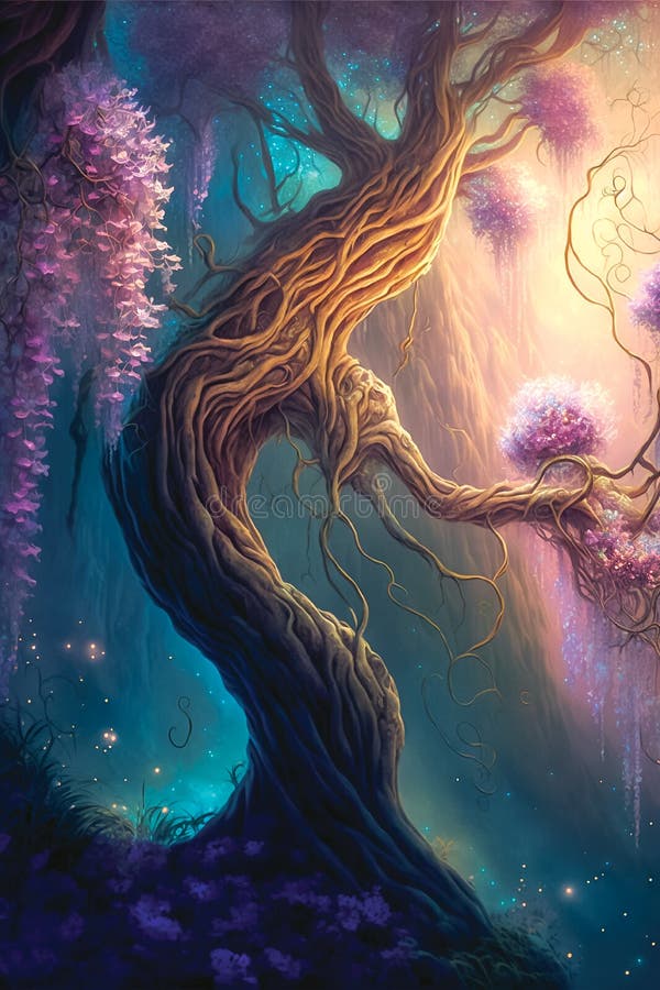 Blooming Tree in Fairyland Forest in Moon Light, Night Landscape Stock ...