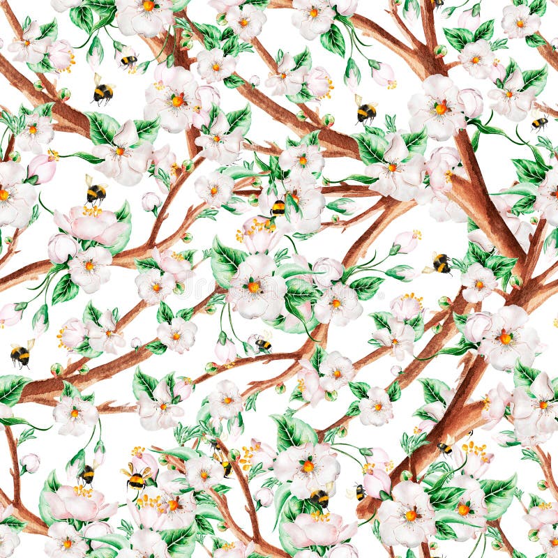 Blooming Tree with Flying Bees in the Garden Watercolor Seamless ...