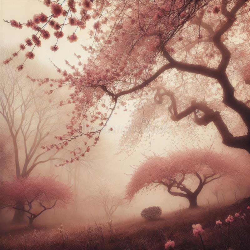 Blooming Trees in Soft Spring Mist Stock Illustration - Illustration of ...