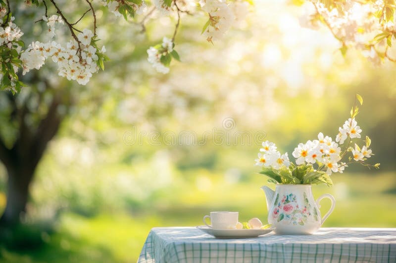 Blooming Trees Surrounding a Spring Table in a Softly Focused Sunny ...