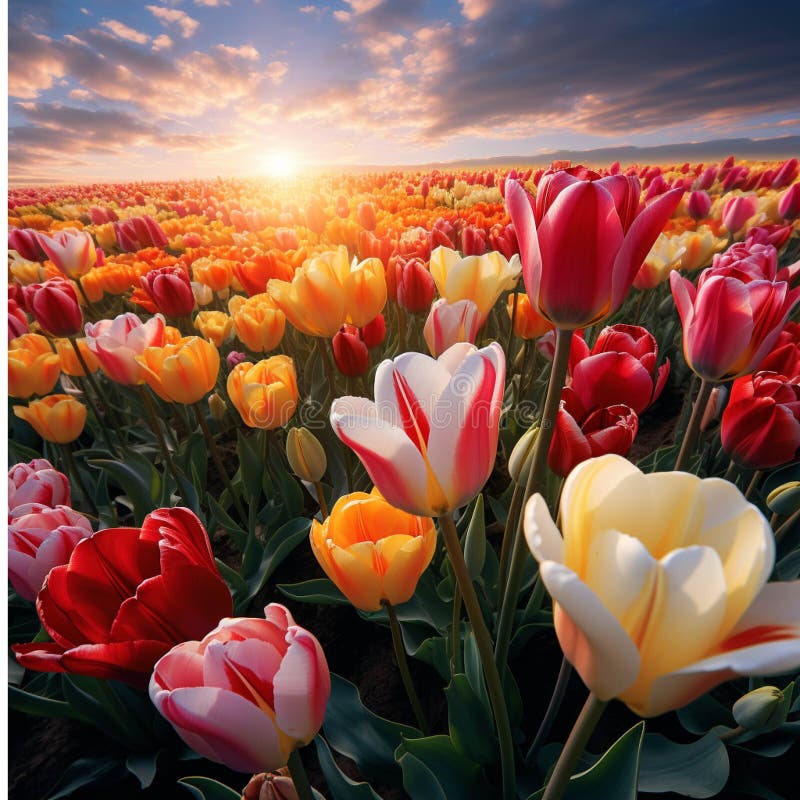 Blooming Tulip Fields. Bright Spring Floral Background. Stock ...