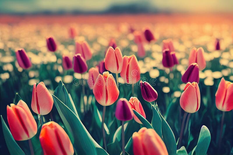 Blooming Tulip Meadow Flower in Dim Rays of Setting Sun. Stock ...