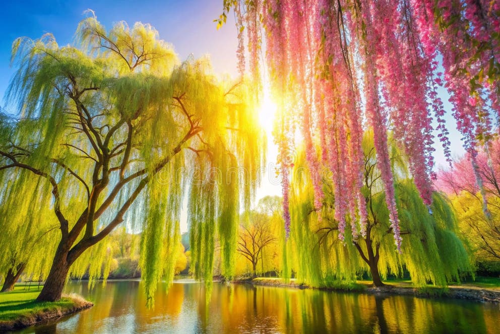 A Blooming Weeping Willow Background Stock Illustration - Illustration ...