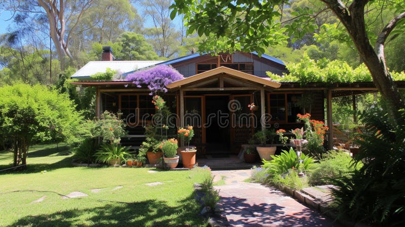 Blossom Bower Bungalow House and Yard. Generative Ai Stock Illustration ...