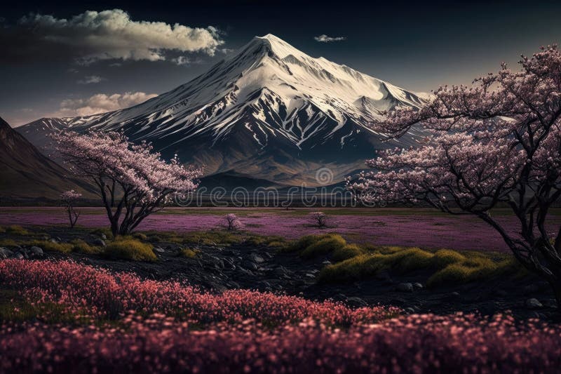 Blossom-filled Meadow, with Dramatic Mountain Backdrop Stock ...