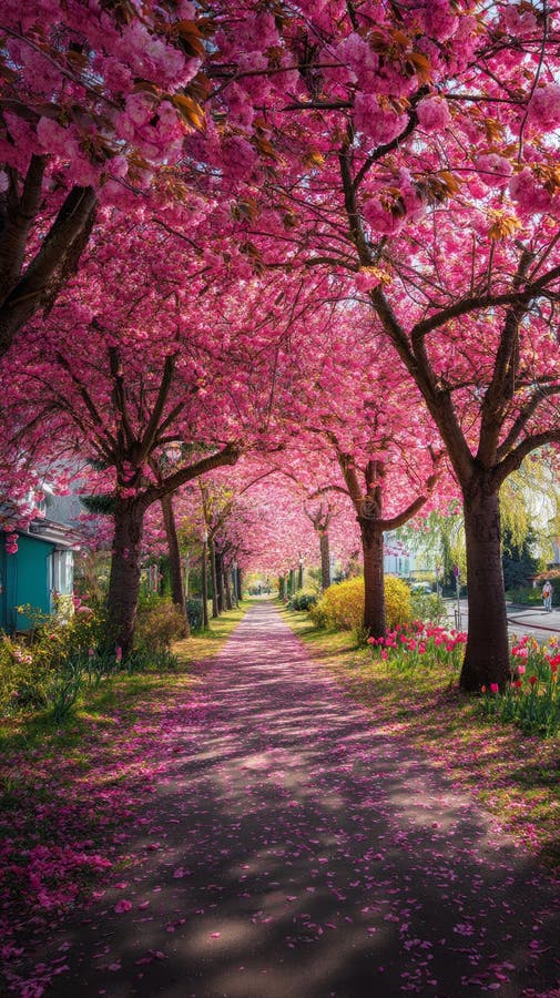 Blossom-Lined Pathway in Spring Stock Illustration - Illustration of ...