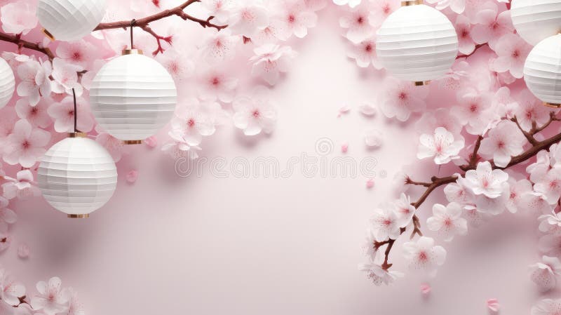 Blossom Sakura Tree Branches with Hanging Lanterns. Stock Photo - Image ...