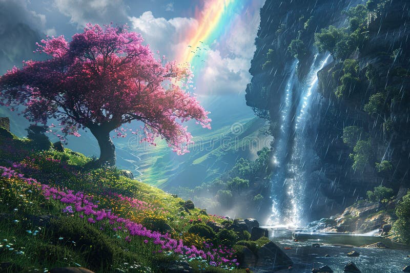 Blossom Tree Waterfall Hill Painting with Generative AI Stock ...