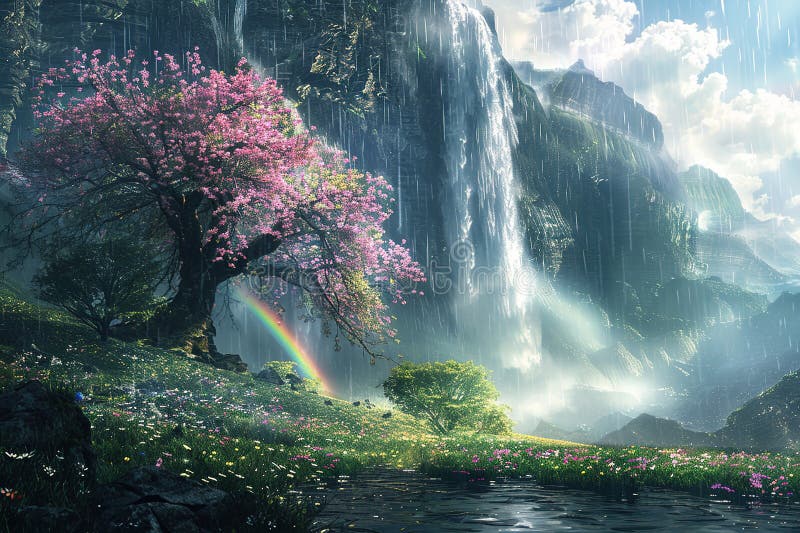 Blossom Tree Waterfall Hill Painting with Generative AI Stock ...