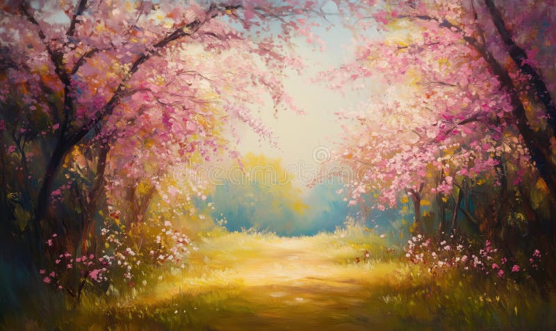 Blossoming Cherry Trees Framing Serene Pathway in Vibrant Spring ...