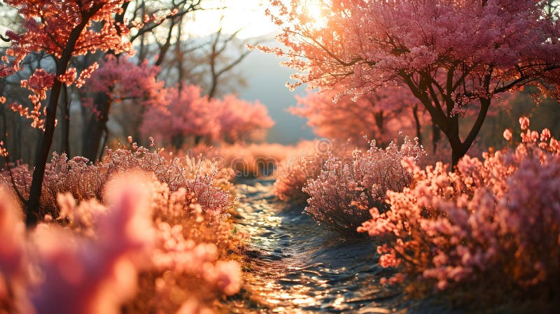 Blossoming Cherry Trees Illuminate Spring Pathway at Sunset Stock ...