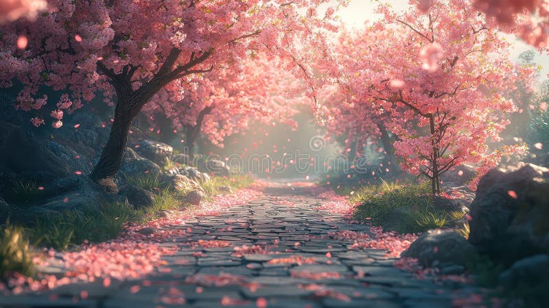 Blossoming Cherry Trees Tranquil Pathway Nature Scene Springtime Serene ...