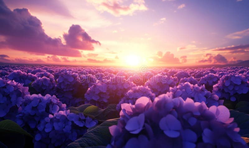 Blossoming Hydrangea Field at Sunset Stock Image - Image of scenic ...