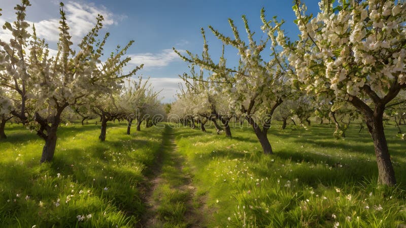 Blossoming Orchard in Springtime with Path Stock Illustration ...