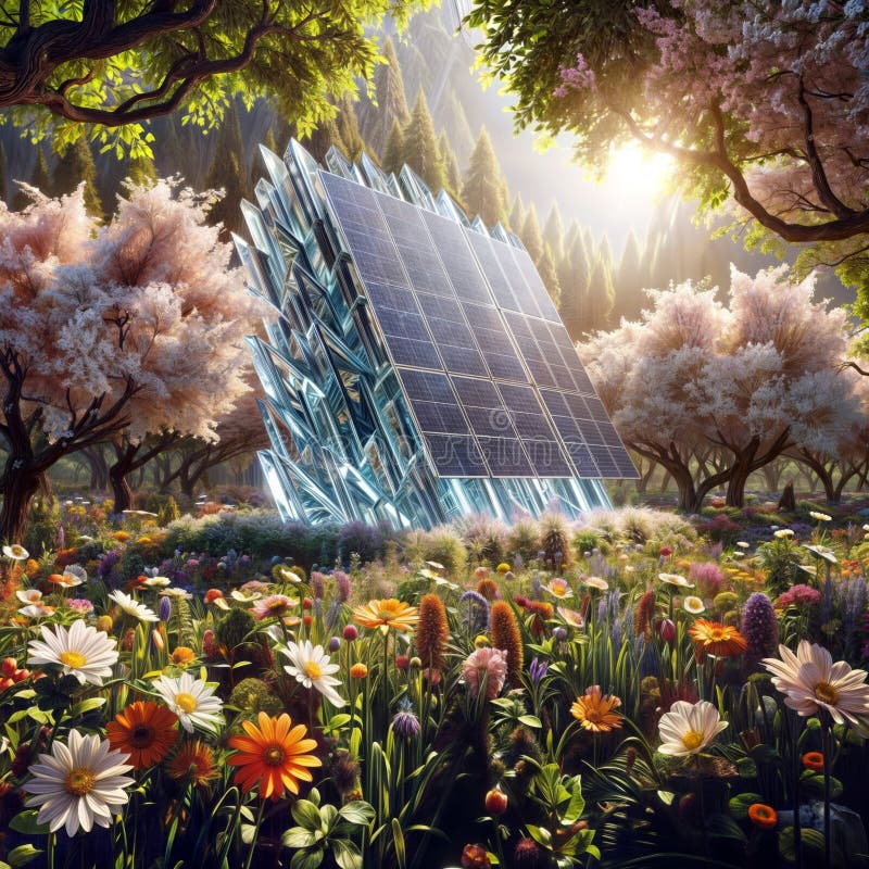 Blossoming Solar: Garden with Flowers and Solar Panel Array, Generative ...