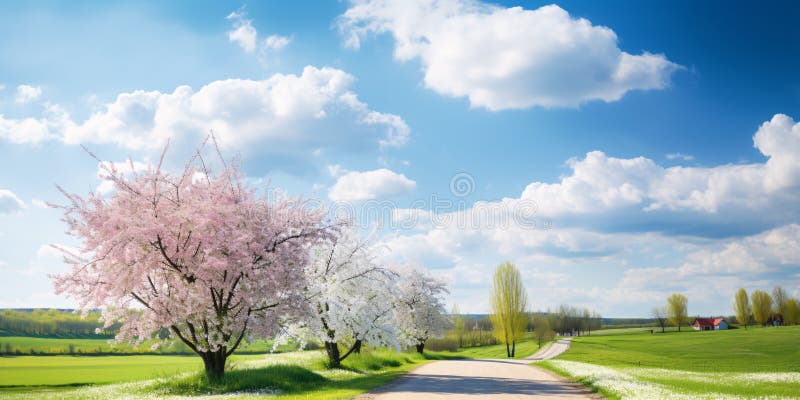 Blossoming Tree Flowers in a Spring Rural Landscape in Sunny Weather ...