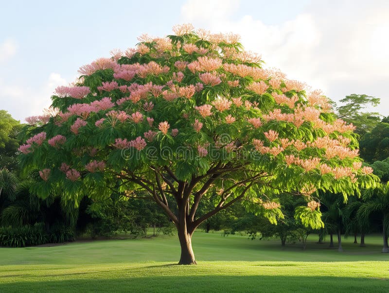 Blossoming Tree in Grassy Field, Vibrant Spring Tree with Pink Flowers ...