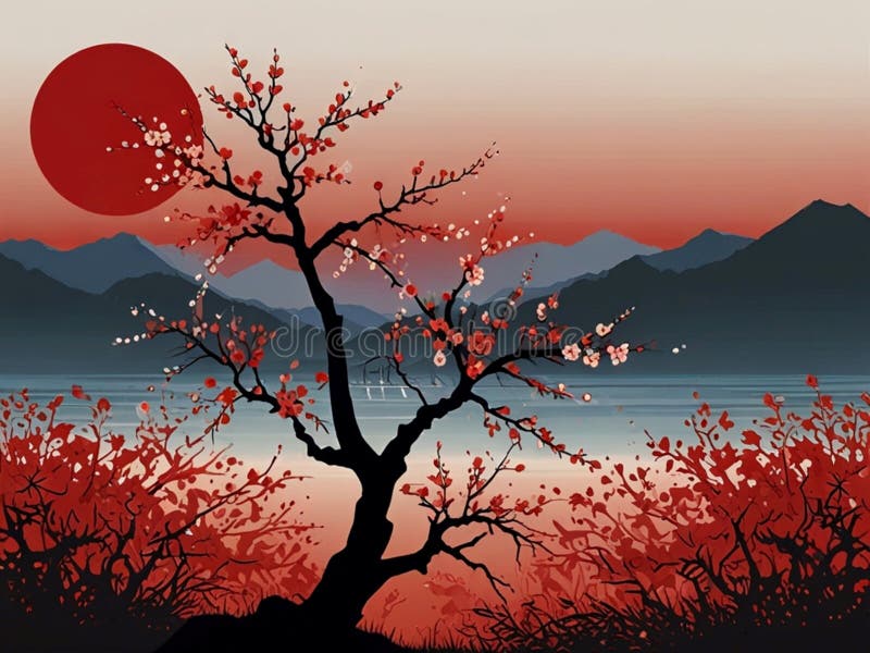 Blossoming Tree Silhouette at Sunset with Mountain Backdrop - Serene ...