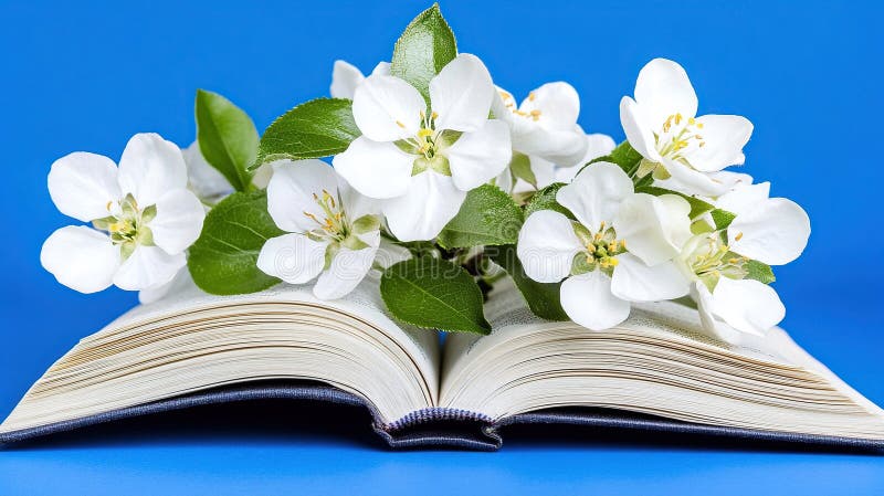 Blossoms Atop Open Book, Blue Background, Spring Reading Stock Photo ...