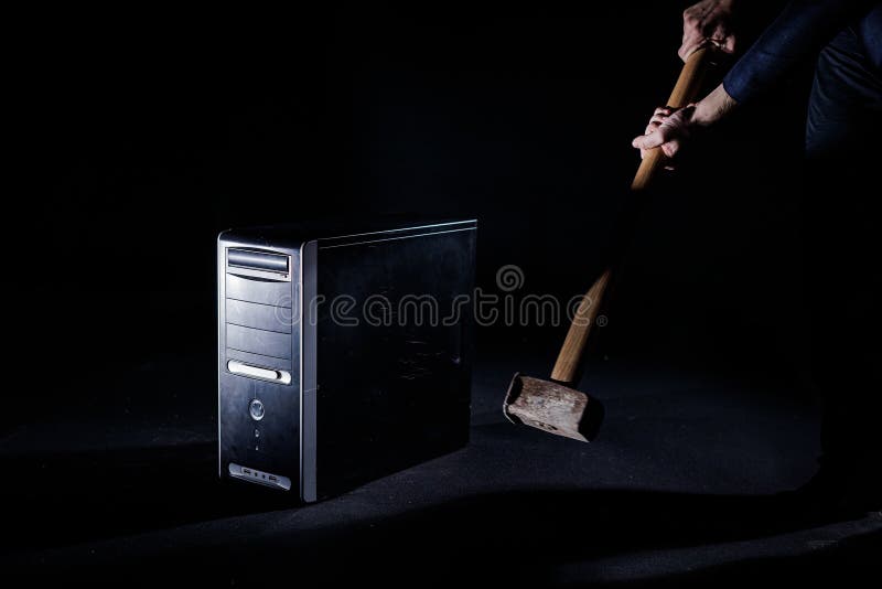 Blow of a Heavy Hammer Onto a Desktop Computer, Isolated, Slow Motion ...