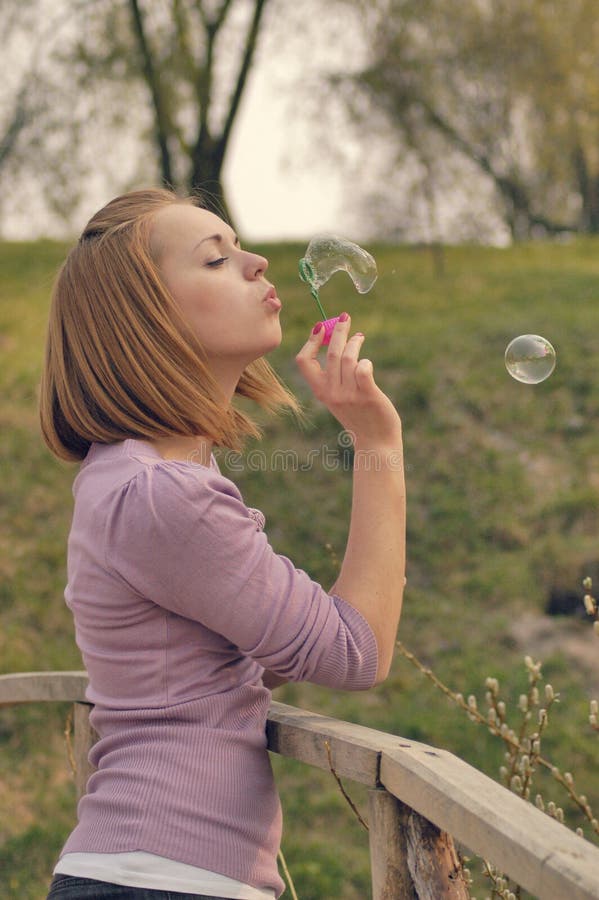 Blow Soap Bubbles Stock Image Image Of Female Caucasian 68945773
