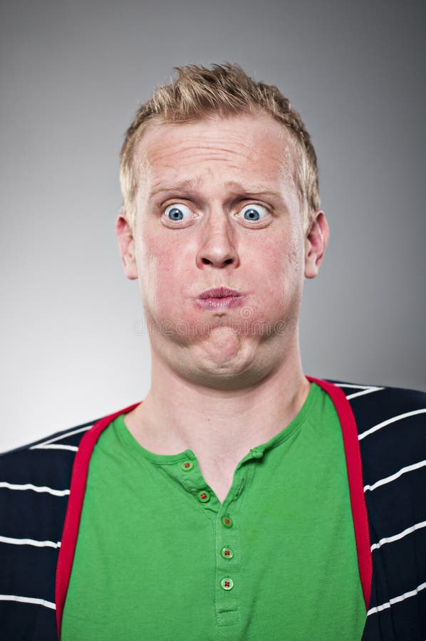 Caucasian Man Blowing Cheeks Expression Portrtait Stock Image - Image ...