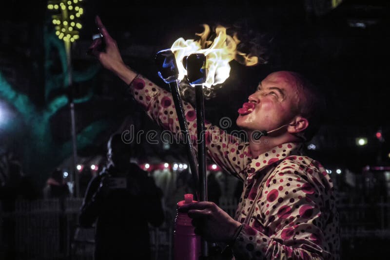 Man eating fire editorial stock photo. Image of fireeater - 83779393
