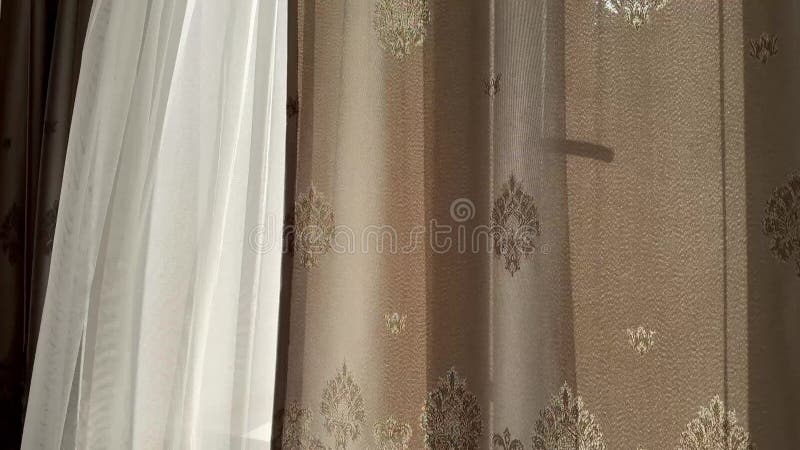 Blowing Wind through Open Window and Close-up of Brown Curtains at ...