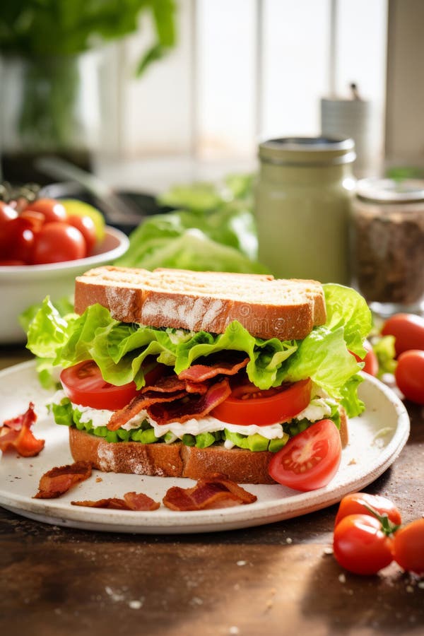 BLT Sandwich, Bacon Lettuce and Tomato on Whole Wheat Bread in a White ...