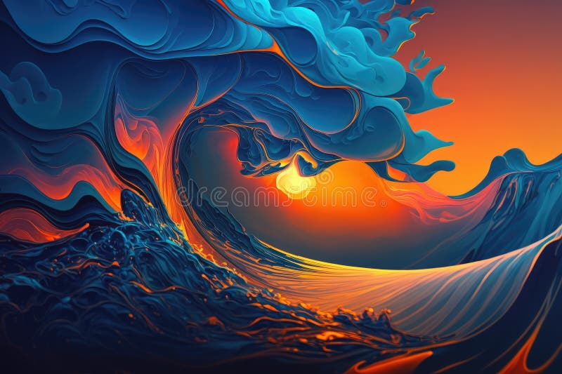 Blue Abstract Liquid Wave Background with Fiery Sunset Sky Stock ...