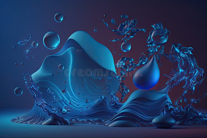 Blue Abstract Liquid Wave Background with Floating Objects and ...