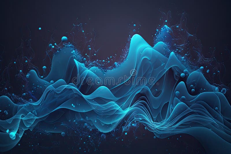 Blue Abstract Liquid Wave Background with Floating Objects and ...