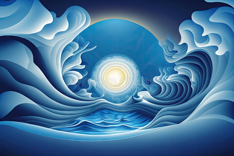 Blue Abstract Liquid Wave Background with Sun and Clouds in the Sky ...