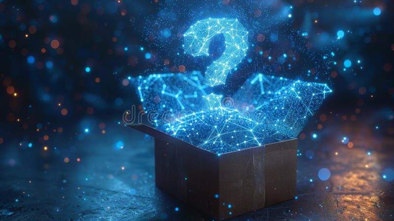 Blue Abstract Question Mark Flying Out of an Open Box. Geometric ...