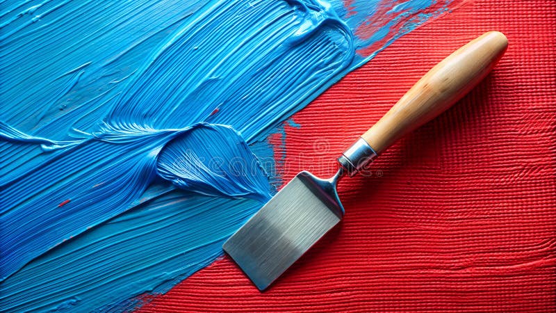 Blue Acrylic Paint Applied with a Trowel To a Red Canvas Surface. Top ...