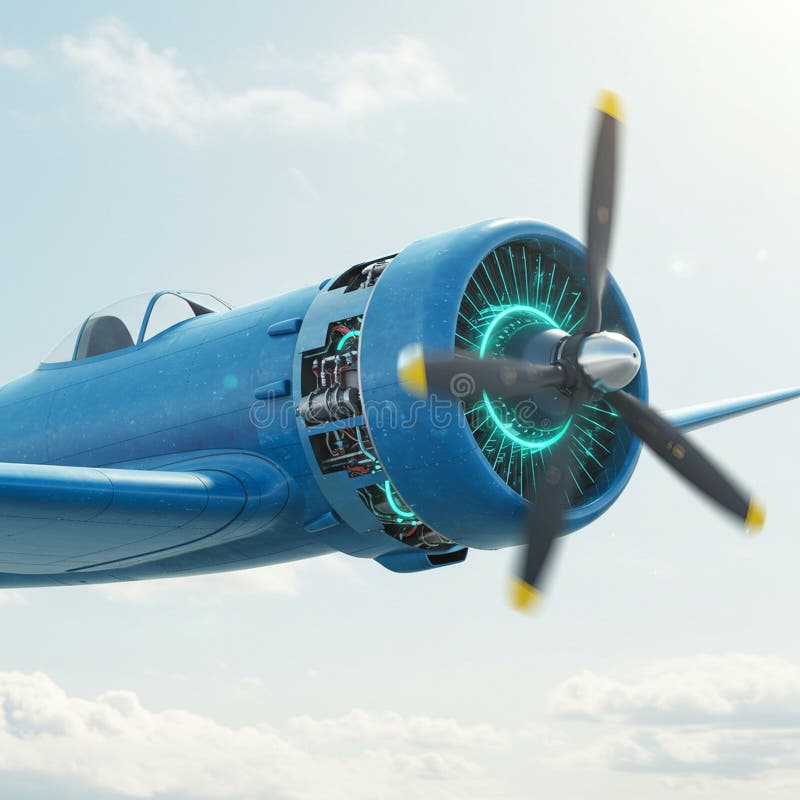 Blue Aircraft with a Radial Engine Exposed, Displaying Intricate Inner ...