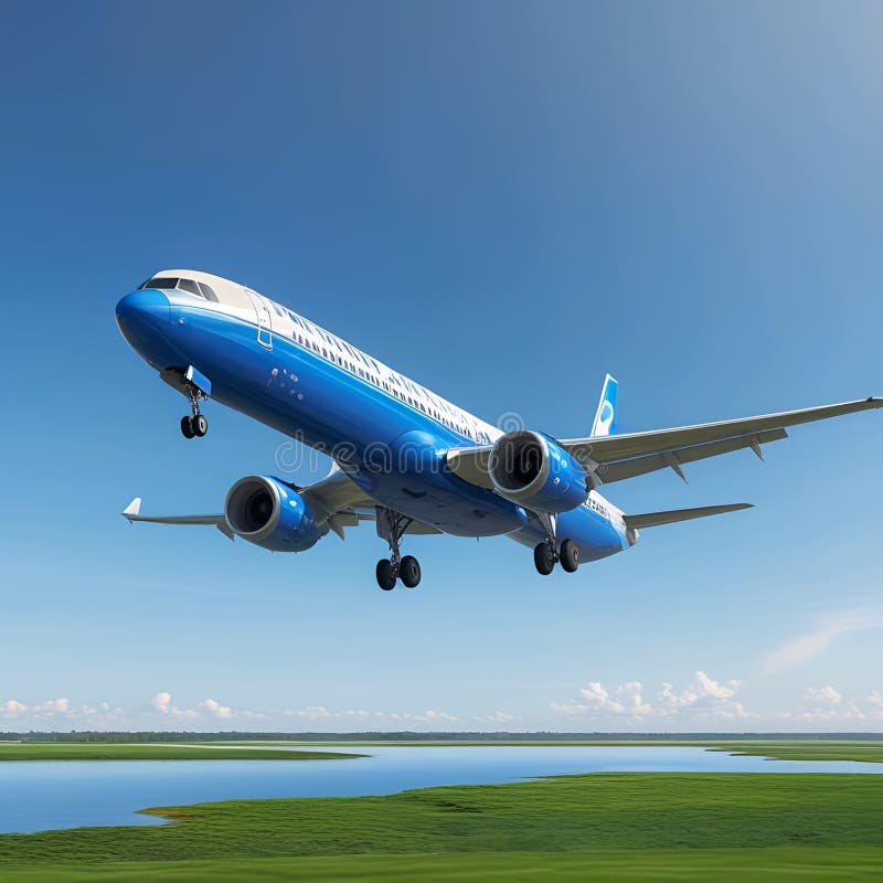 Blue Airplane Landing Over Green Fields Below Stock Photo - Image of ...