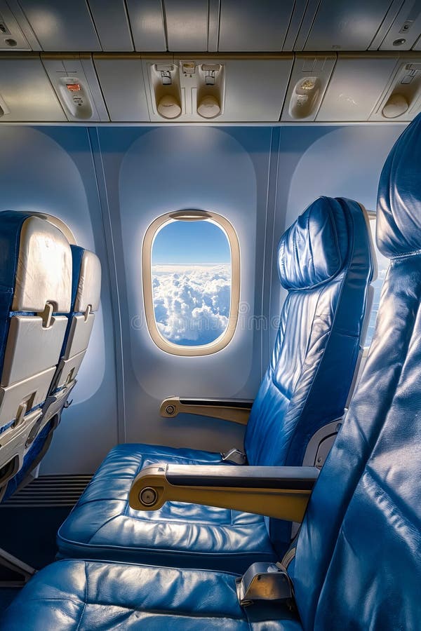 A Blue Airplane Seat with a Window and a Blue Leather Headrest ...