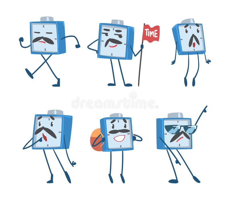 Blue Alarm Clock Character with Funny Face Expression Vector Set Stock ...