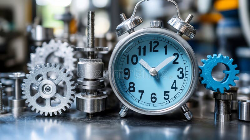 Blue Alarm Clock Surrounded by Metallic Gears and Mechanical Components ...