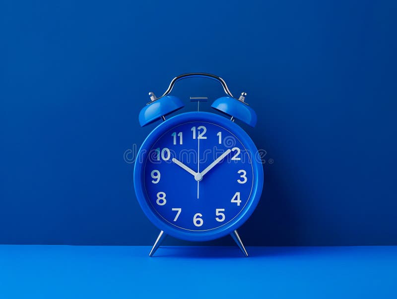 A Blue Alarm Clock on a Table Stock Photo - Image of time, background ...