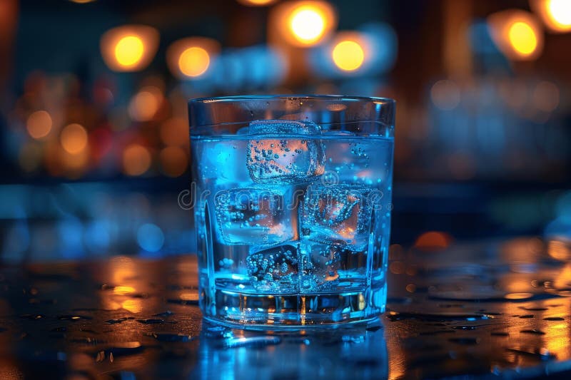 Blue Alcohol Cocktail with Ice Cubes, Bar, Glass Stock Image - Image of ...