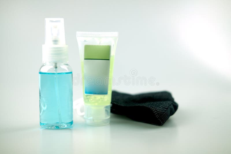 Blue Alcohol Spray Bottle and Hand Gel Stock Image - Image of covid ...